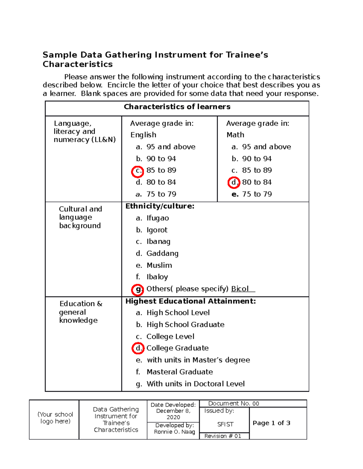 Data Gathering Instrument for Trainee OAP NCII - Sample Data Gathering ...