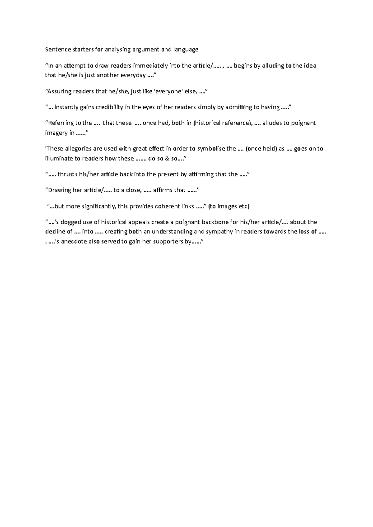 Sample upper level student LA sentences - Sentence starters for ...