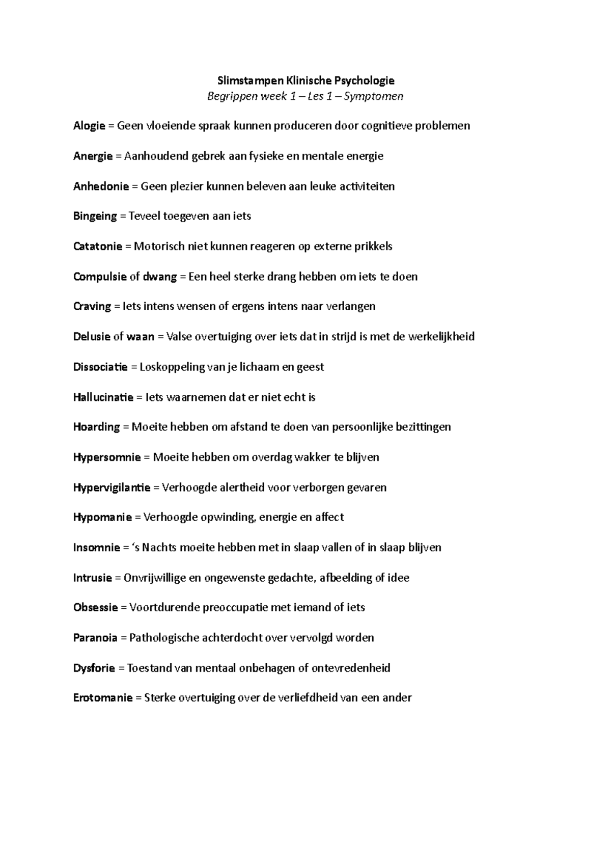 Slimstampen Begrippen Klinische Psychologie - Begrippen week 1 – Les 1 ...