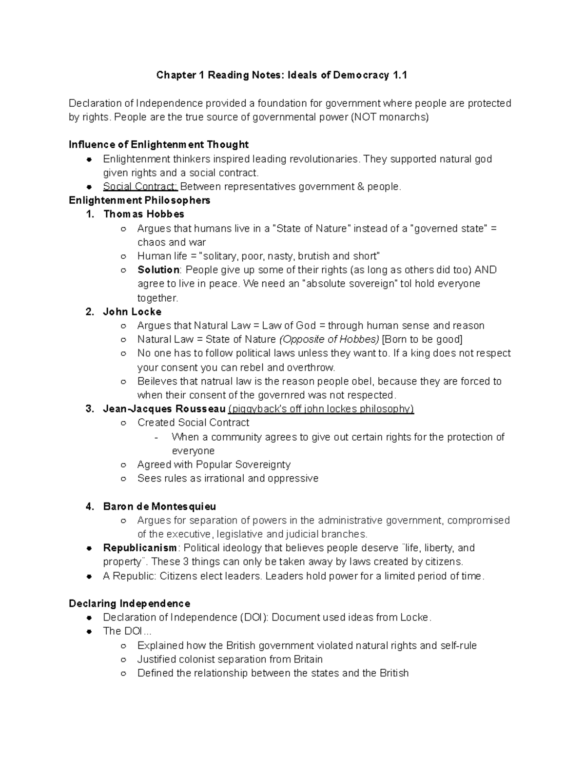 Chapter 1 Reading Notes - Chapter 1 Reading Notes: Ideals of Democracy ...