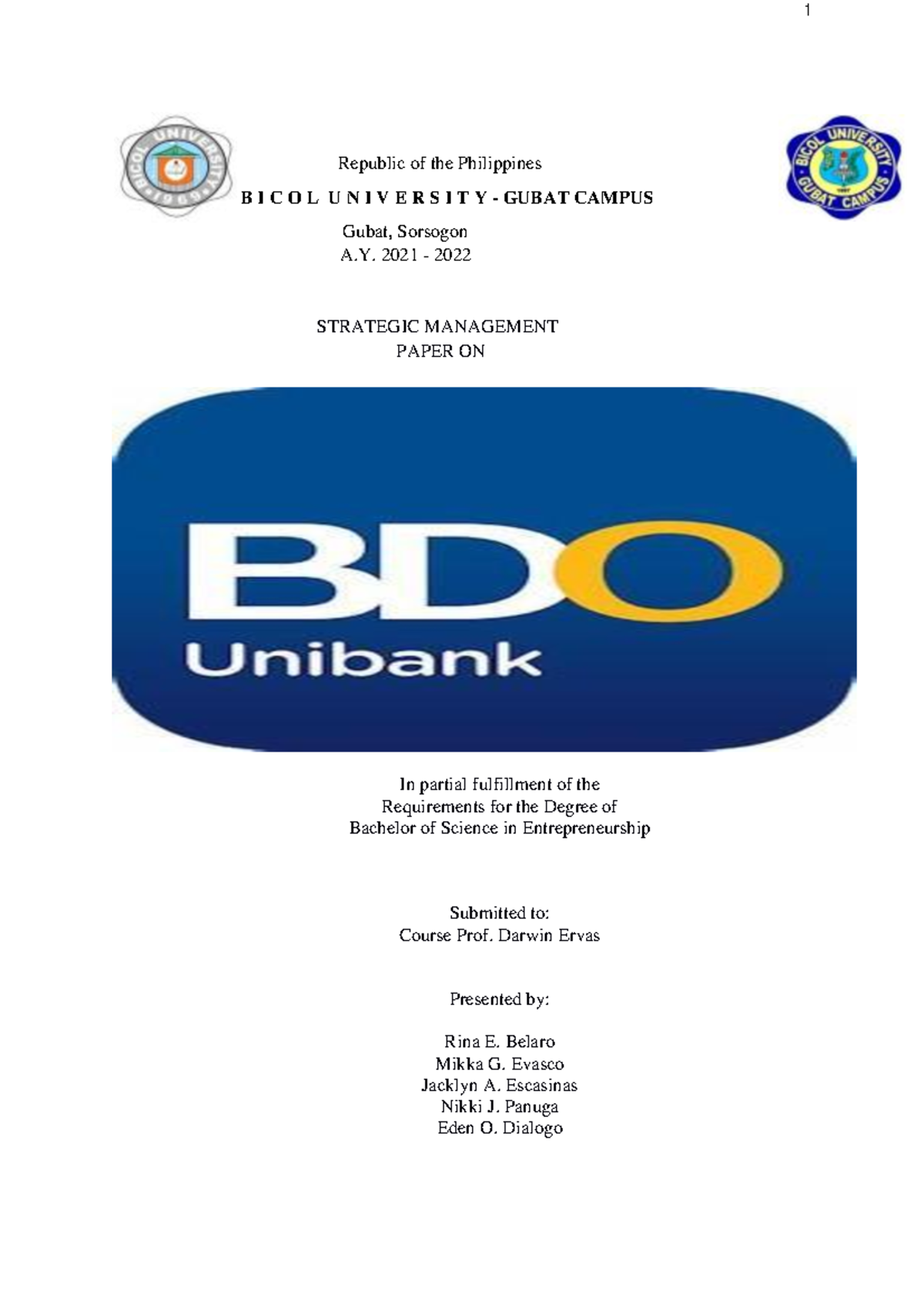 Strategic Management Paper FOR BDO - Republic of the Philippines B I C ...