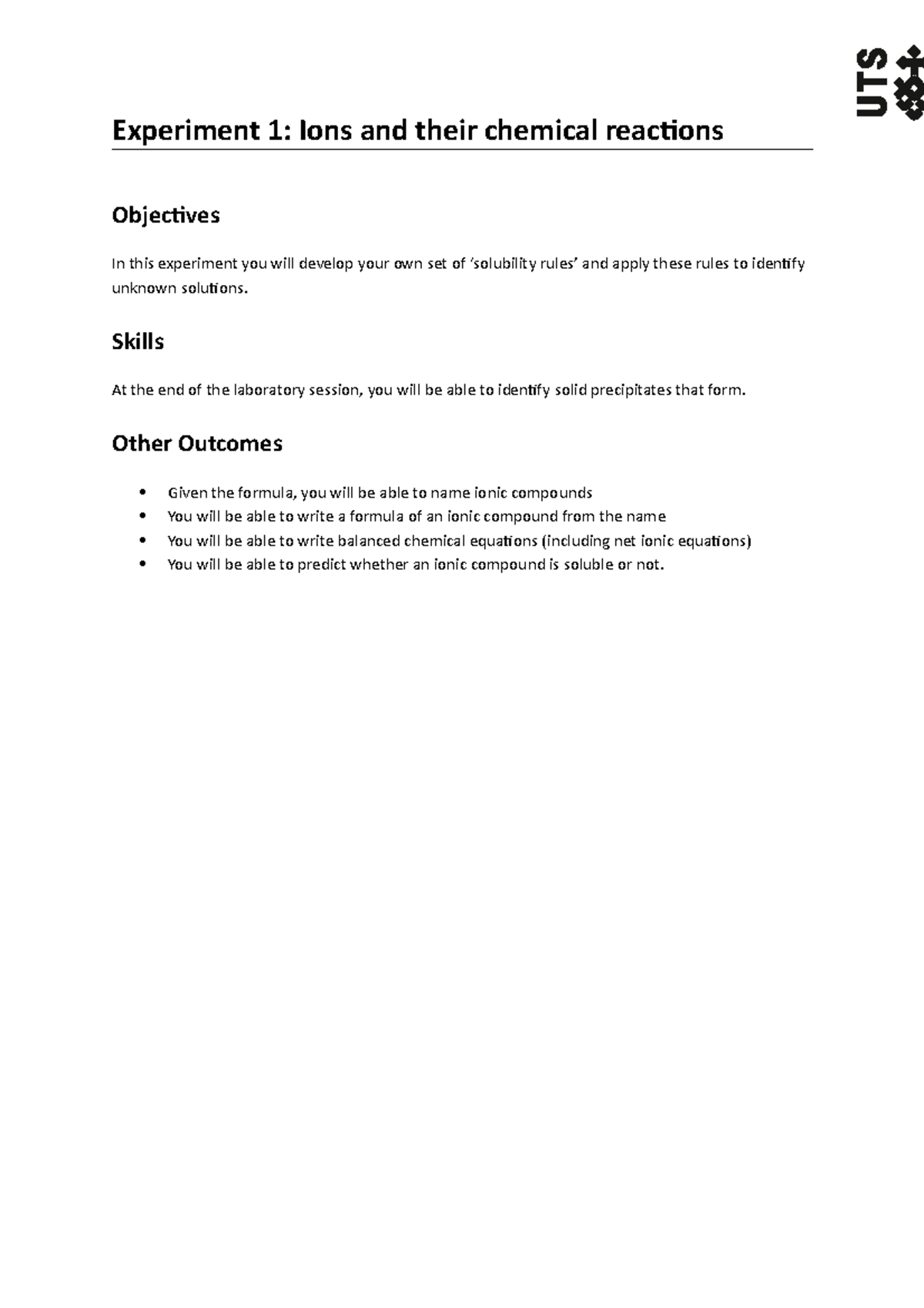 Experiment 1 AUT2020 - Experiment 1: Ions and their chemical reactions ...