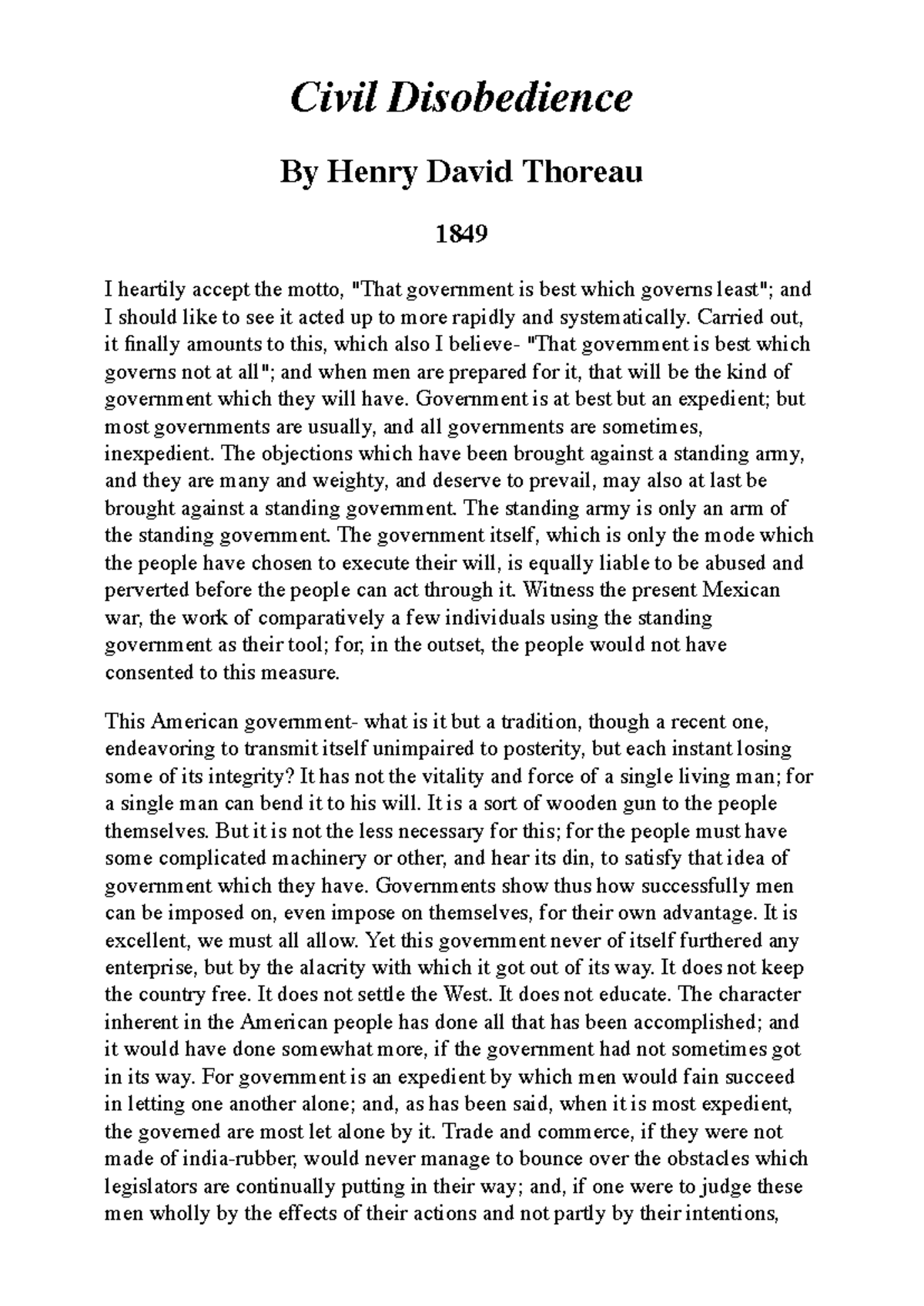 Civil Disobedience by Henry David Thoreau - Civil Disobedience By Henry ...