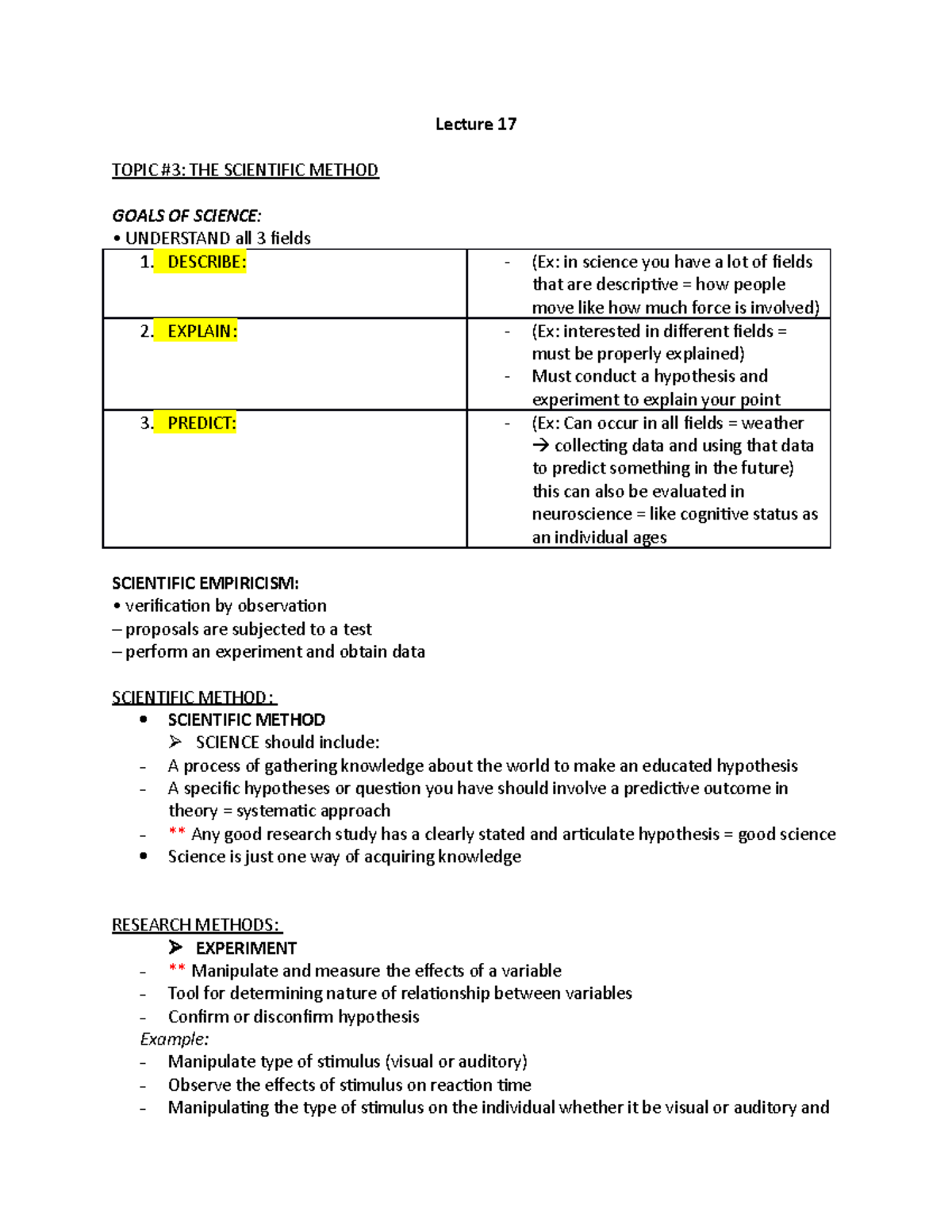 Lecture 17 Notes - Lecture 17 TOPIC #3: THE SCIENTIFIC METHOD GOALS OF ...