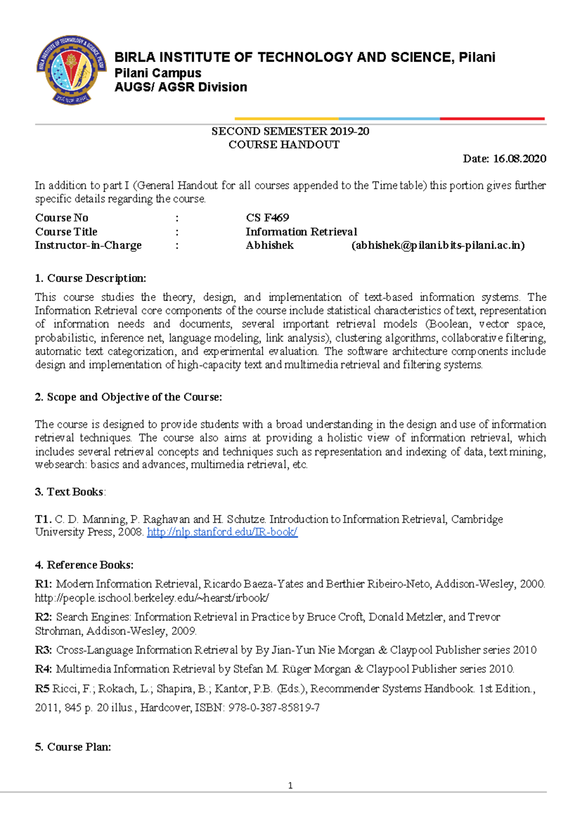 Course handout - Information Retrieval - BITS Pilani - Studocu
