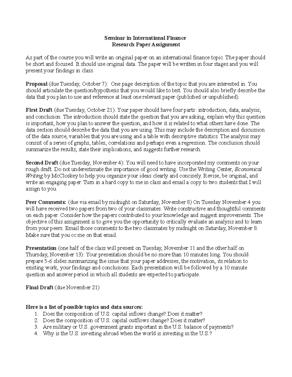 International Finance Paper Assignment - Seminar in International ...