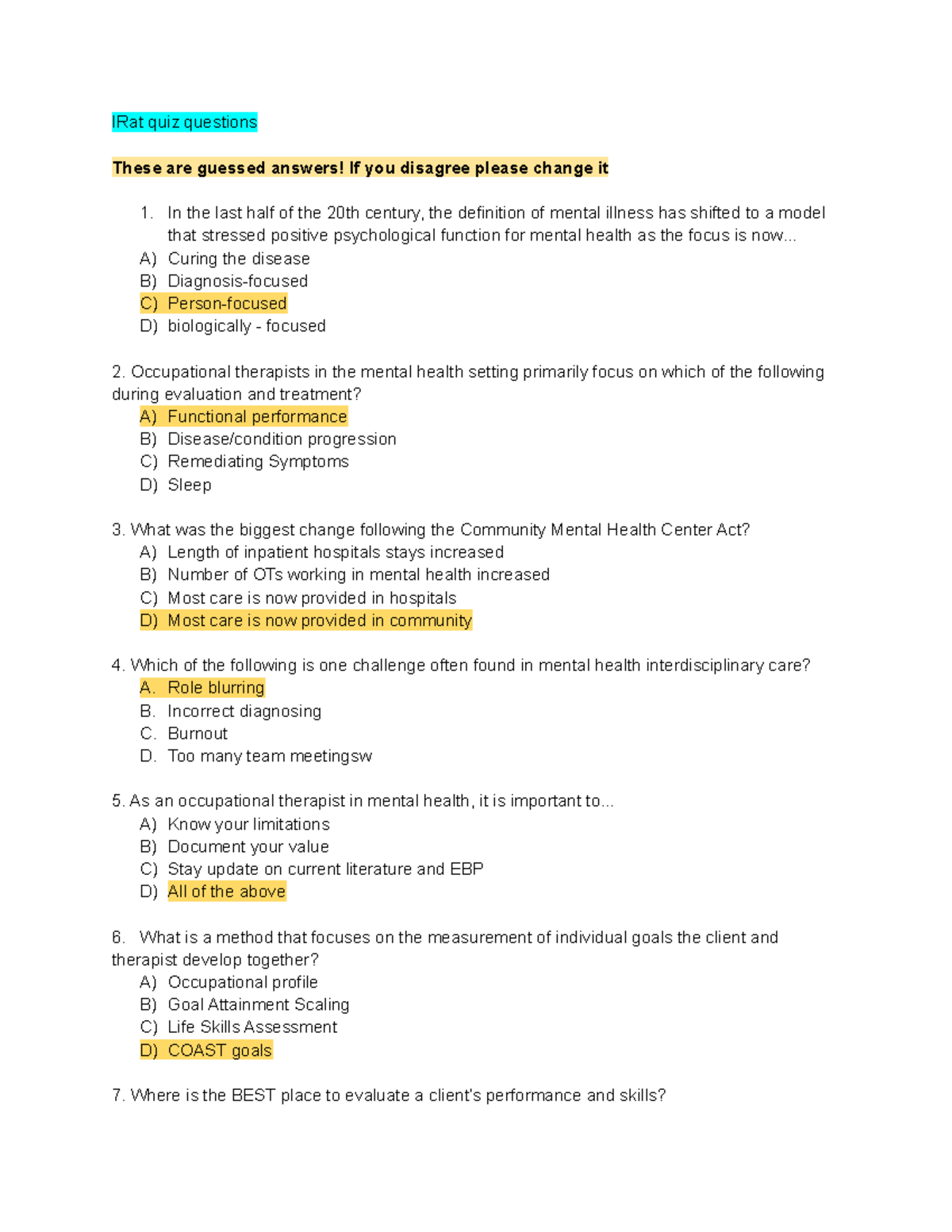 Adults quiz study guide - IRat quiz questions These are guessed answers ...