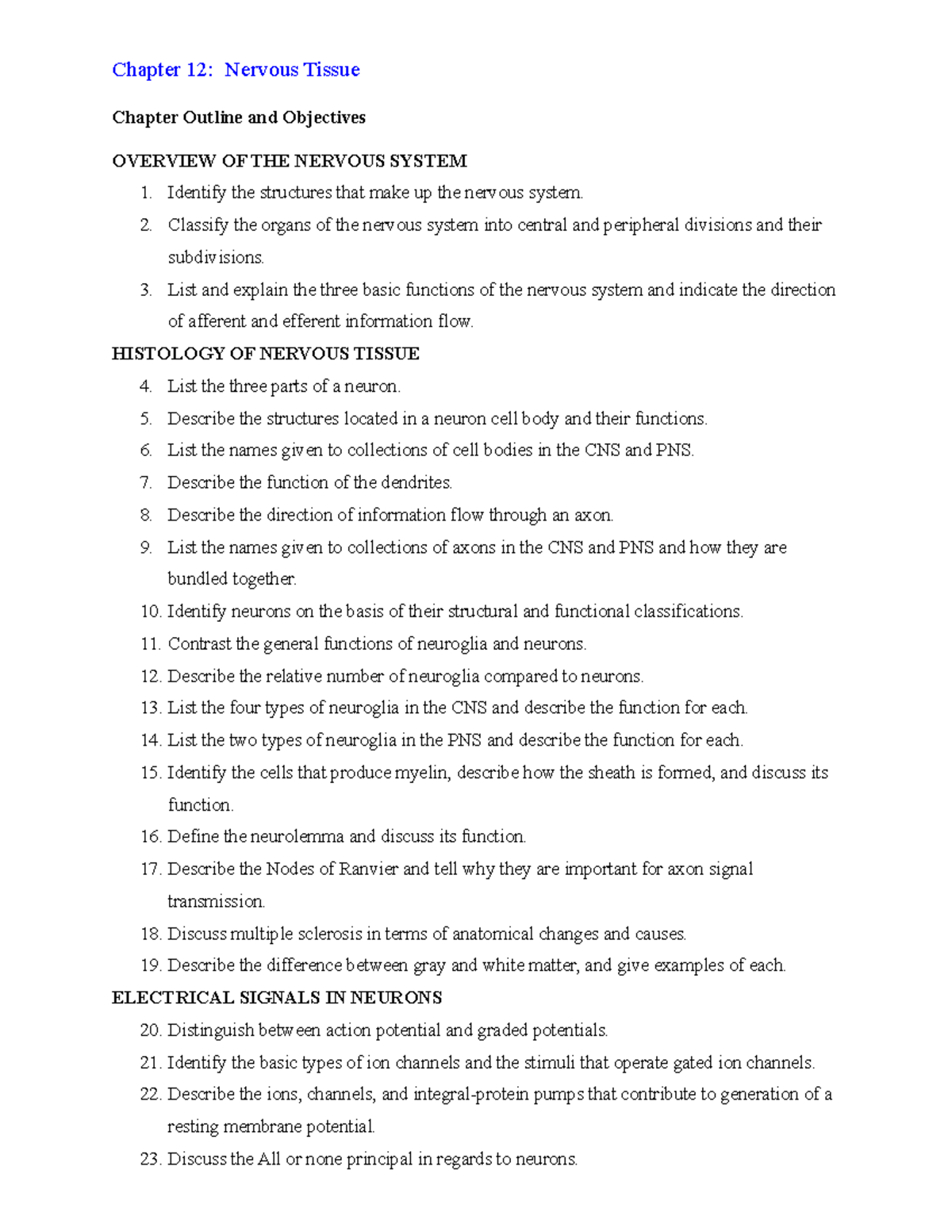 Chapter 12 - Lecture notes 1-2 - Chapter 12: Nervous Tissue Chapter ...