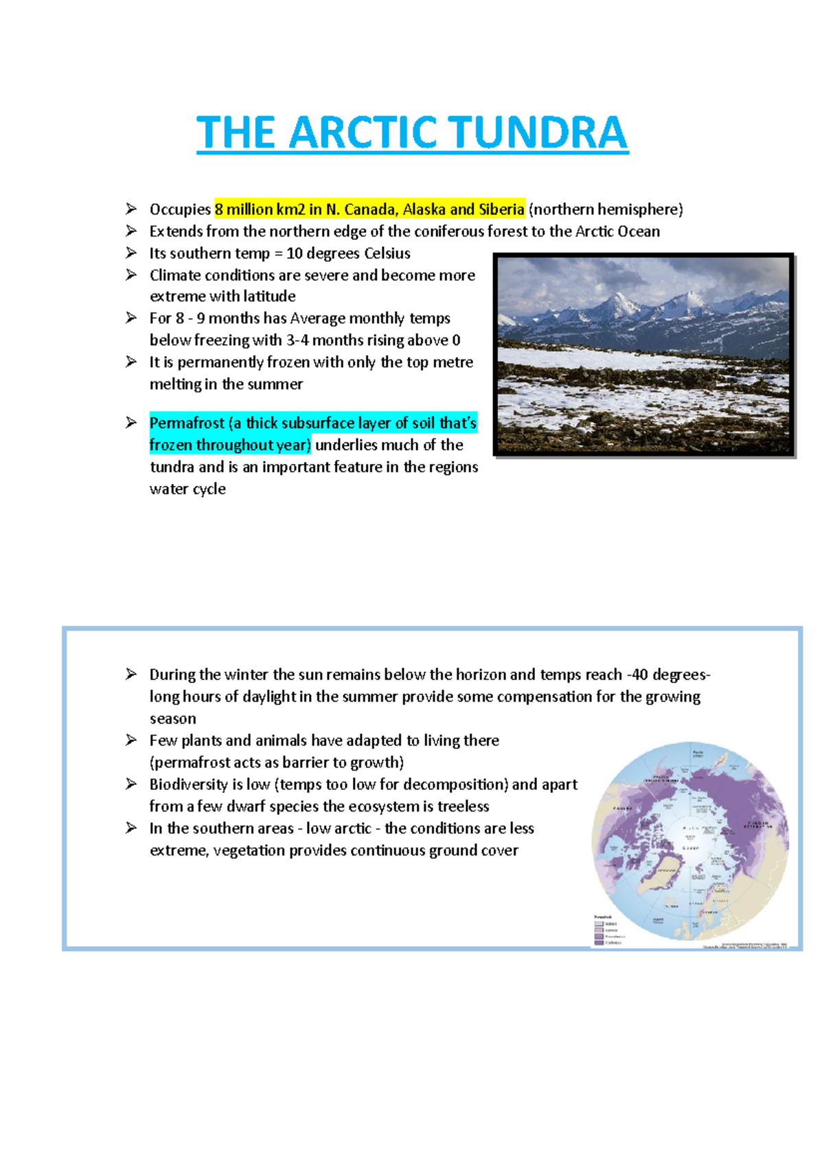 THE Arctic Tundra- fact file - THE ARCTIC TUNDRA Occupies 8 million km2 ...