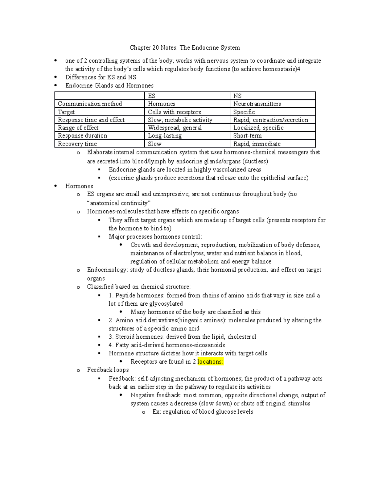Chapter 20 Summary - Chapter 20 Notes: The Endocrine System one of 2 ...