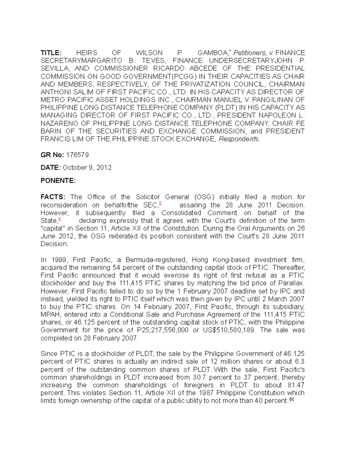 Gamboa VS Teves - asdasfsf - TITLE: HEIRS OF WILSON P. GAMBOA ...