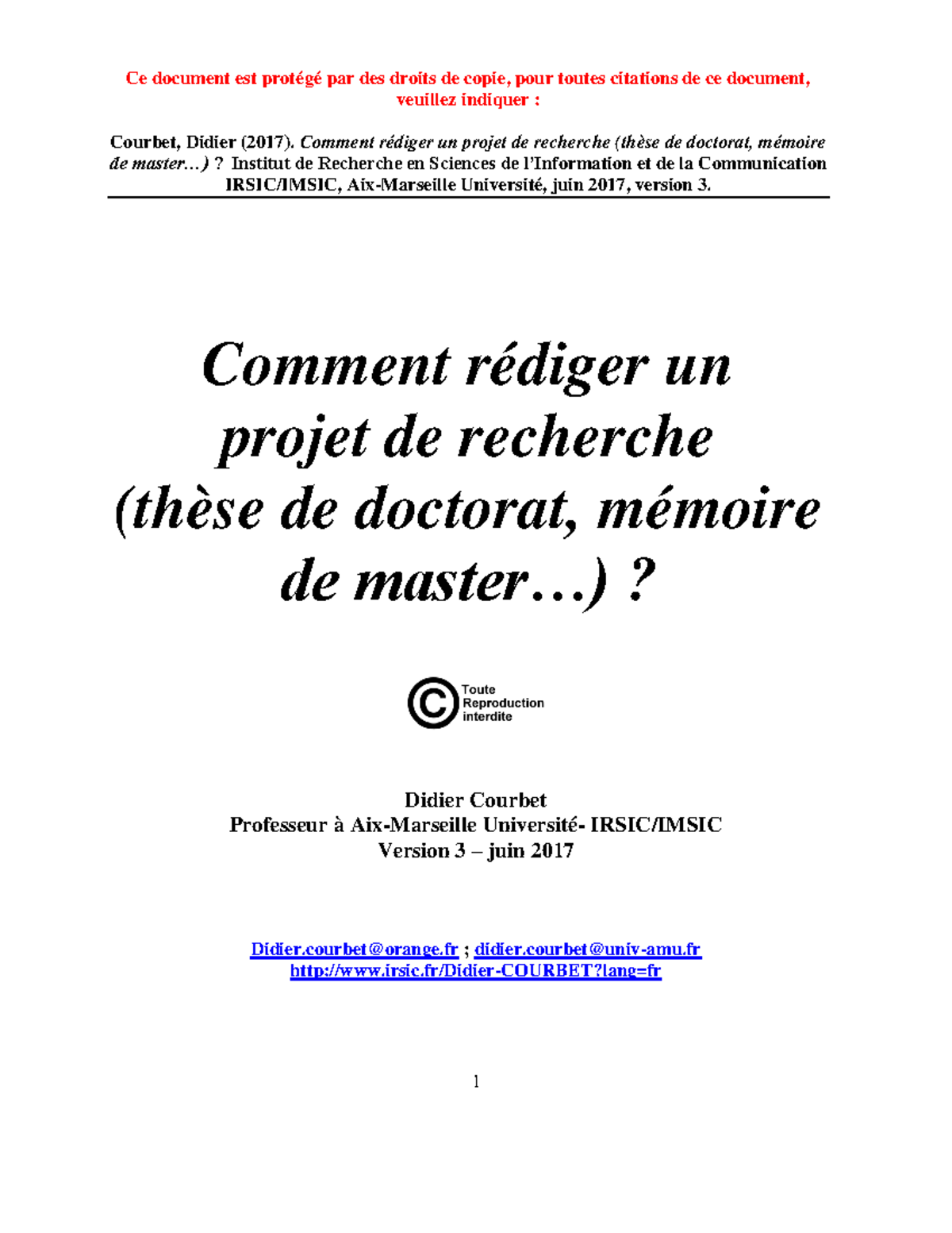 Comment rédiger un projet de recherche - Ce document est protégé par des droits de copie, pour ...