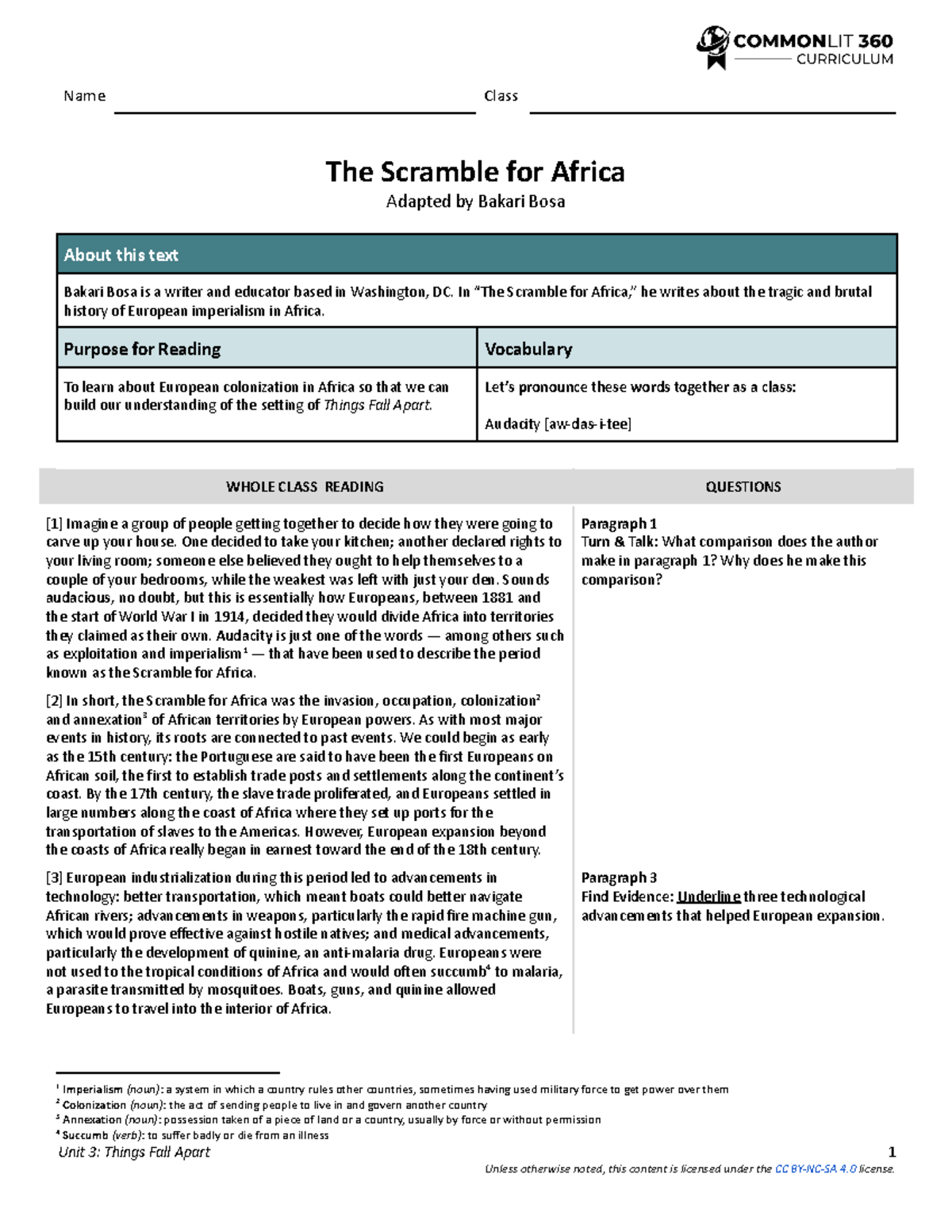 10G Unit 3 The Scramble for Africa Student COPY Ed1.0 - Name Class The ...