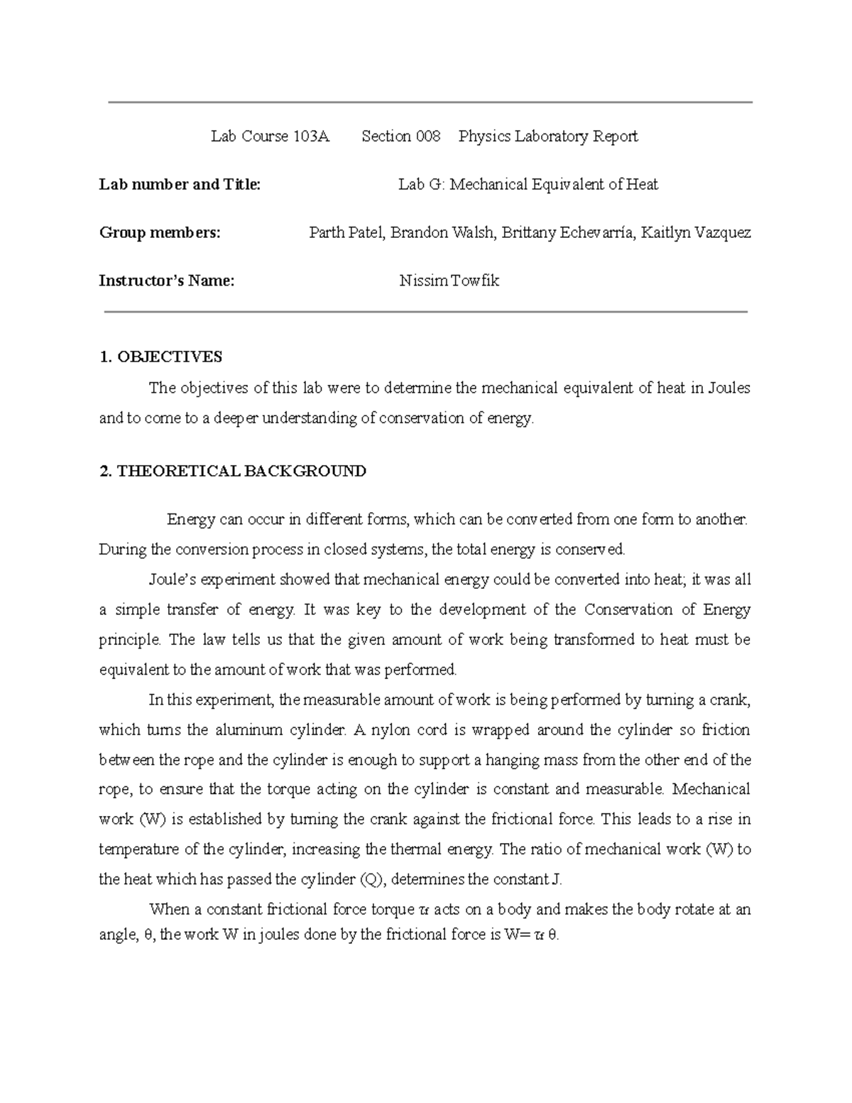 Lab G - Physics Lab G - Lab Course 103A Section 008 Physics Laboratory ...