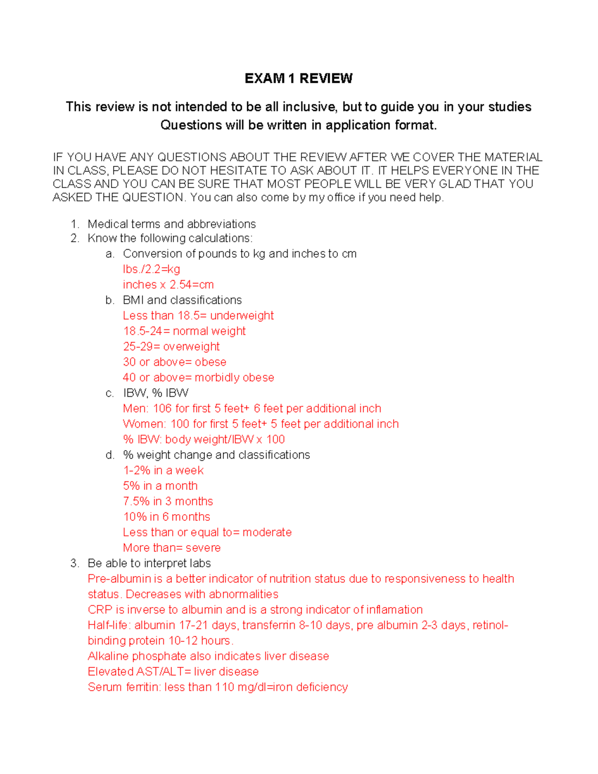 MNT 1 Exam 1 Review Fall 2022 - EXAM 1 REVIEW This review is not ...