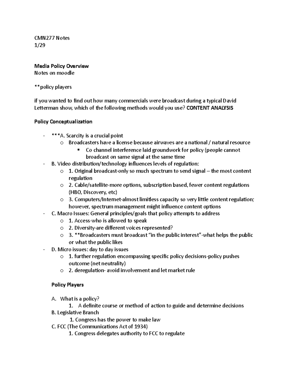 CMN277 Notes 1:15 - CMN277 Notes 1/ Media Policy Overview Notes on ...