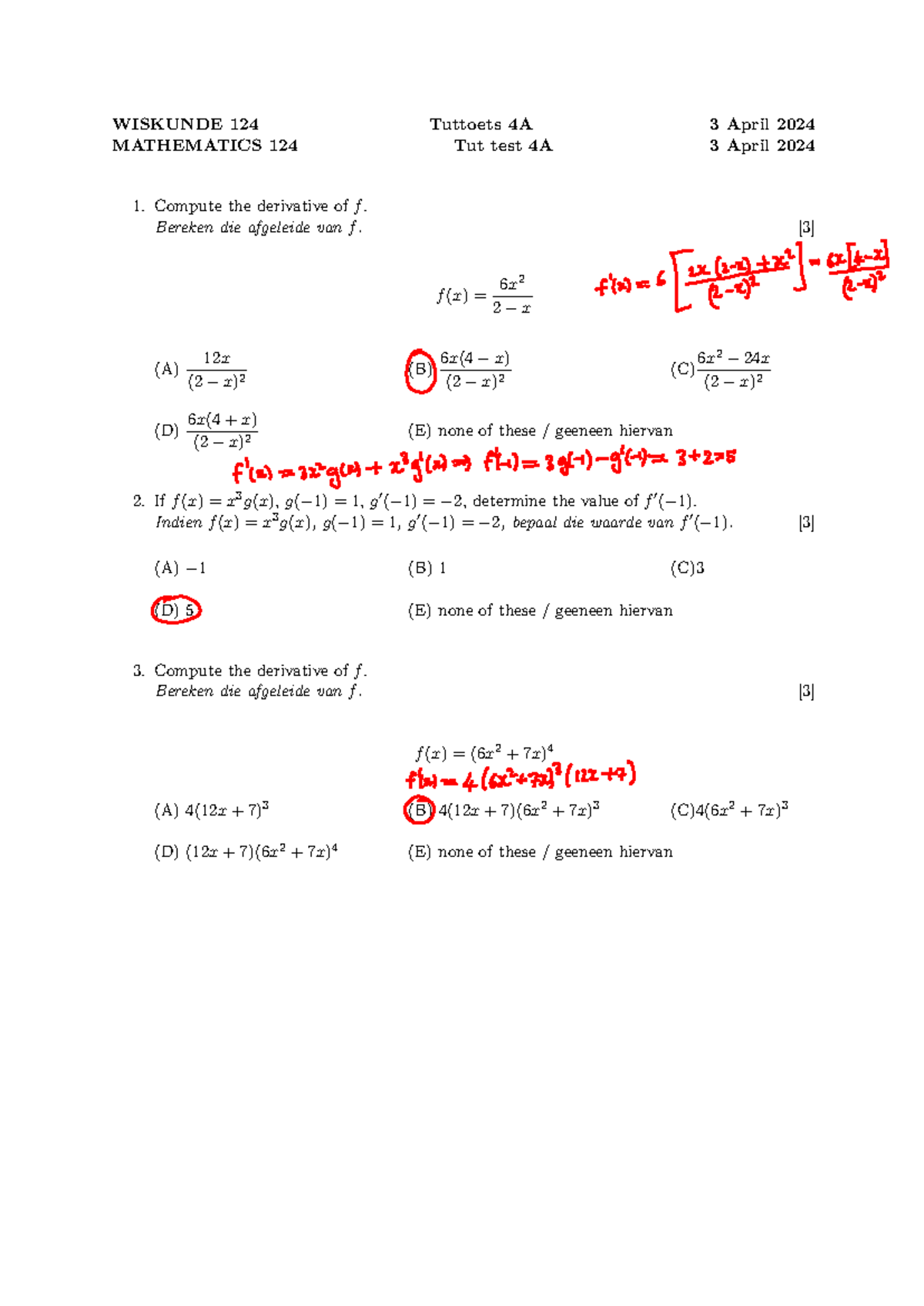 Tut 7 Test Memos 2024 - WISKUNDE 124 Tuttoets 4A 3 April 2024 ...