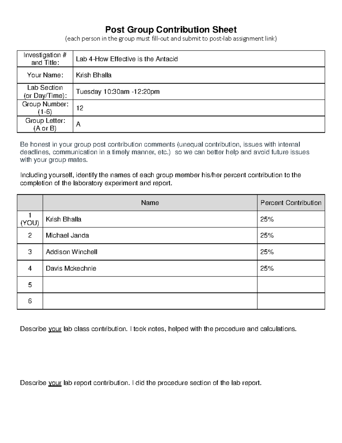 Antacids Post Contribution Form - Post Group Contribution Sheet (each ...