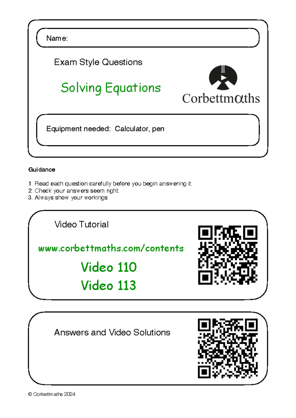Solving-Equations - Questions - Name: Exam Style Questions Equipment ...