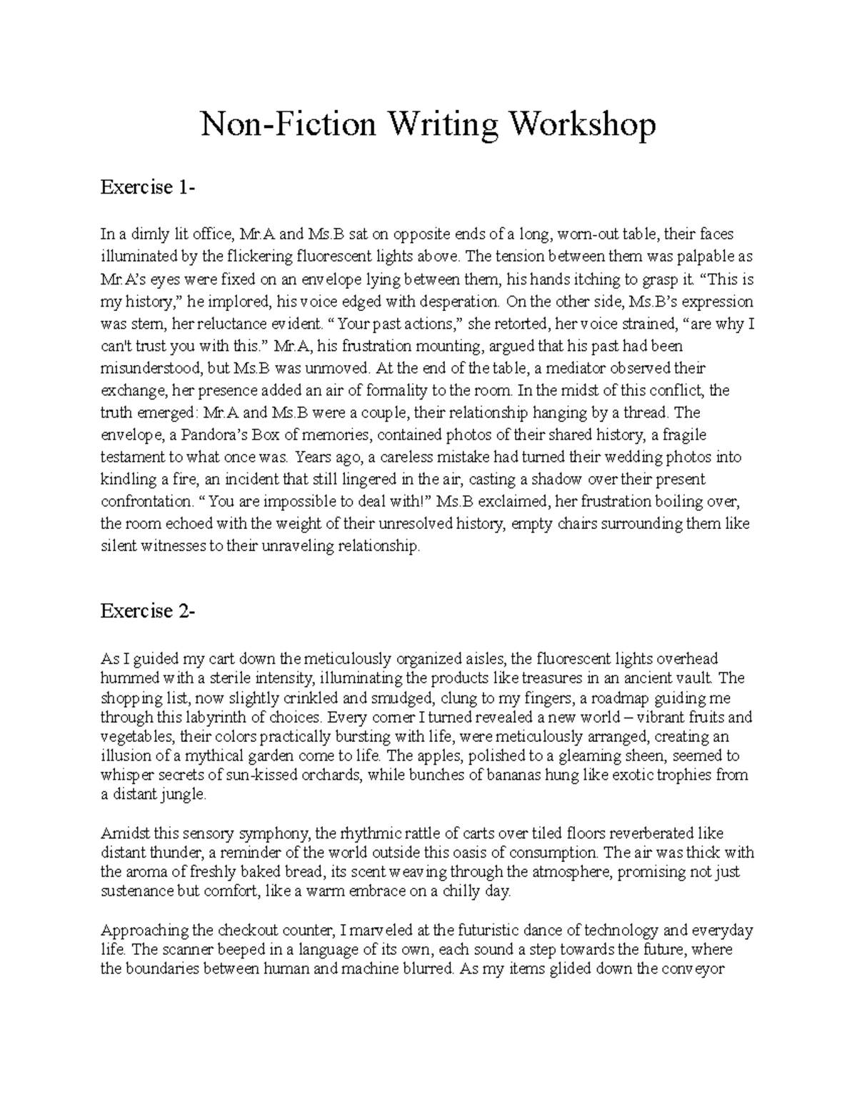 Writing Workshops - Non-Fiction Writing Workshop Exercise 1- In a dimly ...
