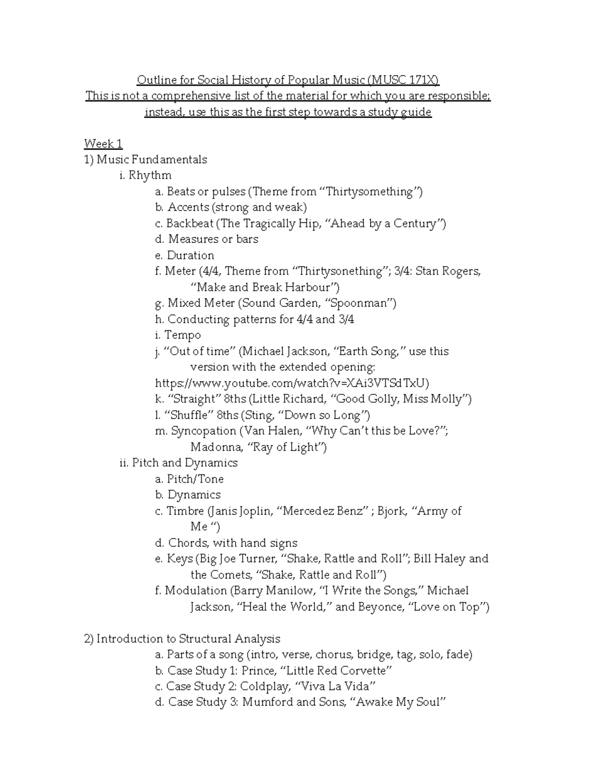 Outline Week 1 - Outline for Social History of Popular Music (MUSC 171X ...