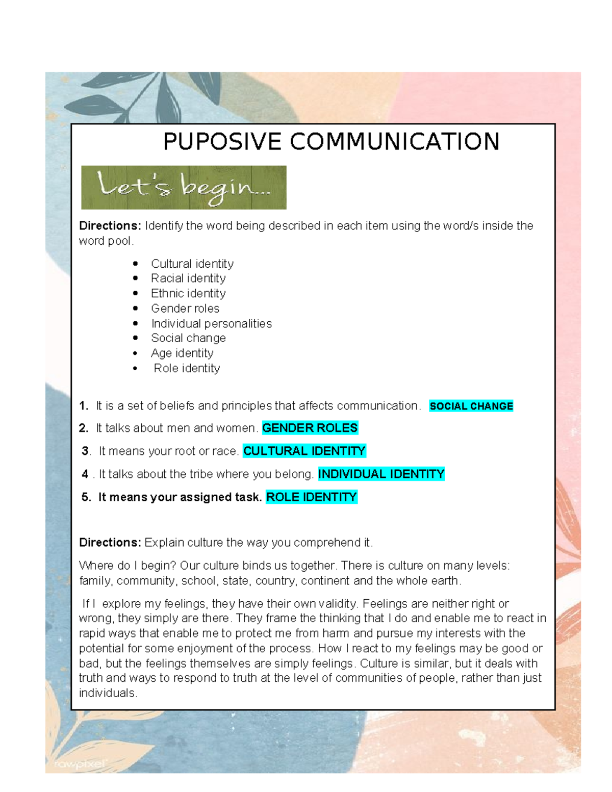Purposive communication chapter 2 - PUPOSIVE COMMUNICATION Directions ...