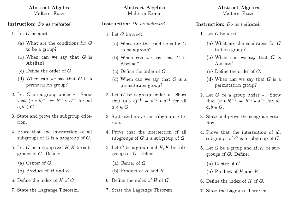 Abstract Algebra Quiz - Abstract Algebra Midterm Exam Instruction: Do ...