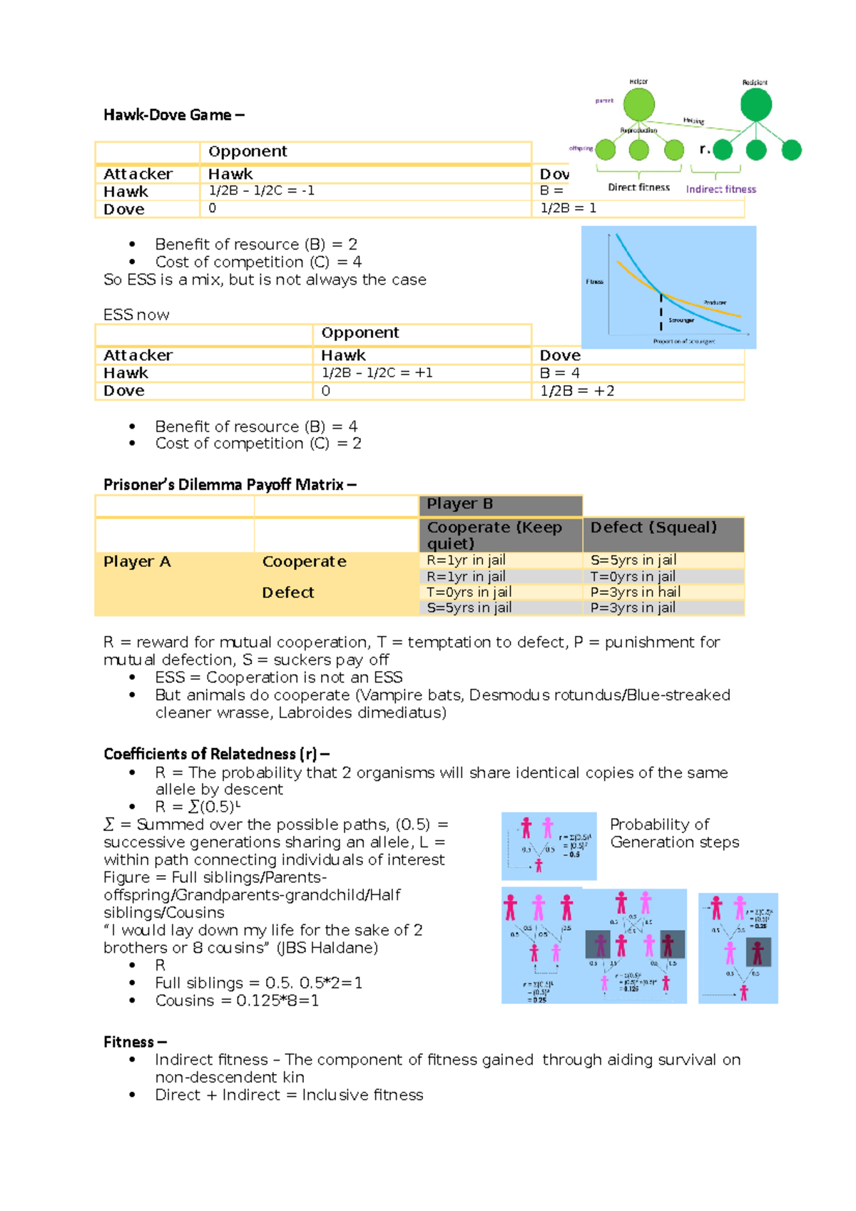 Hawk-dove - Lecture Notes - Hawk-Dove Game – Opponent Attacker Hawk ...
