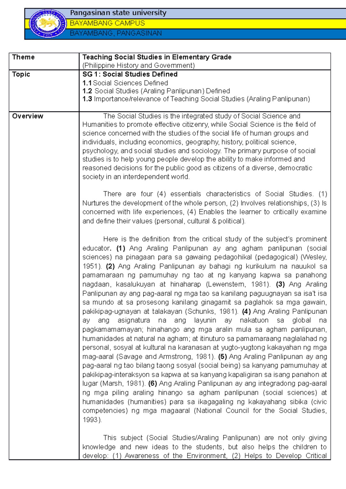 EGE-101-SG1 - Teaching Social Studies in elementary grades - Pangasinan ...