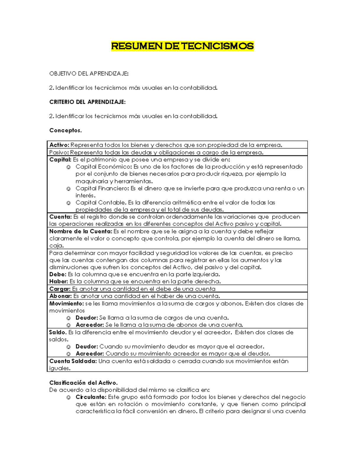 Resumen DE Tecnicismos - RESUMEN DE TECNICISMOS OBJETIVO DEL ...