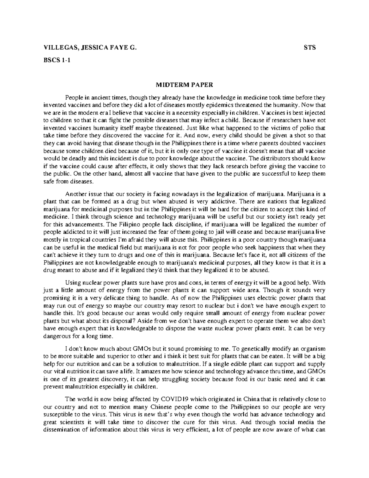 STS Midterm Paper - VILLEGAS, JESSICA FAYE G. STS BSCS 1 - 1 MIDTERM ...