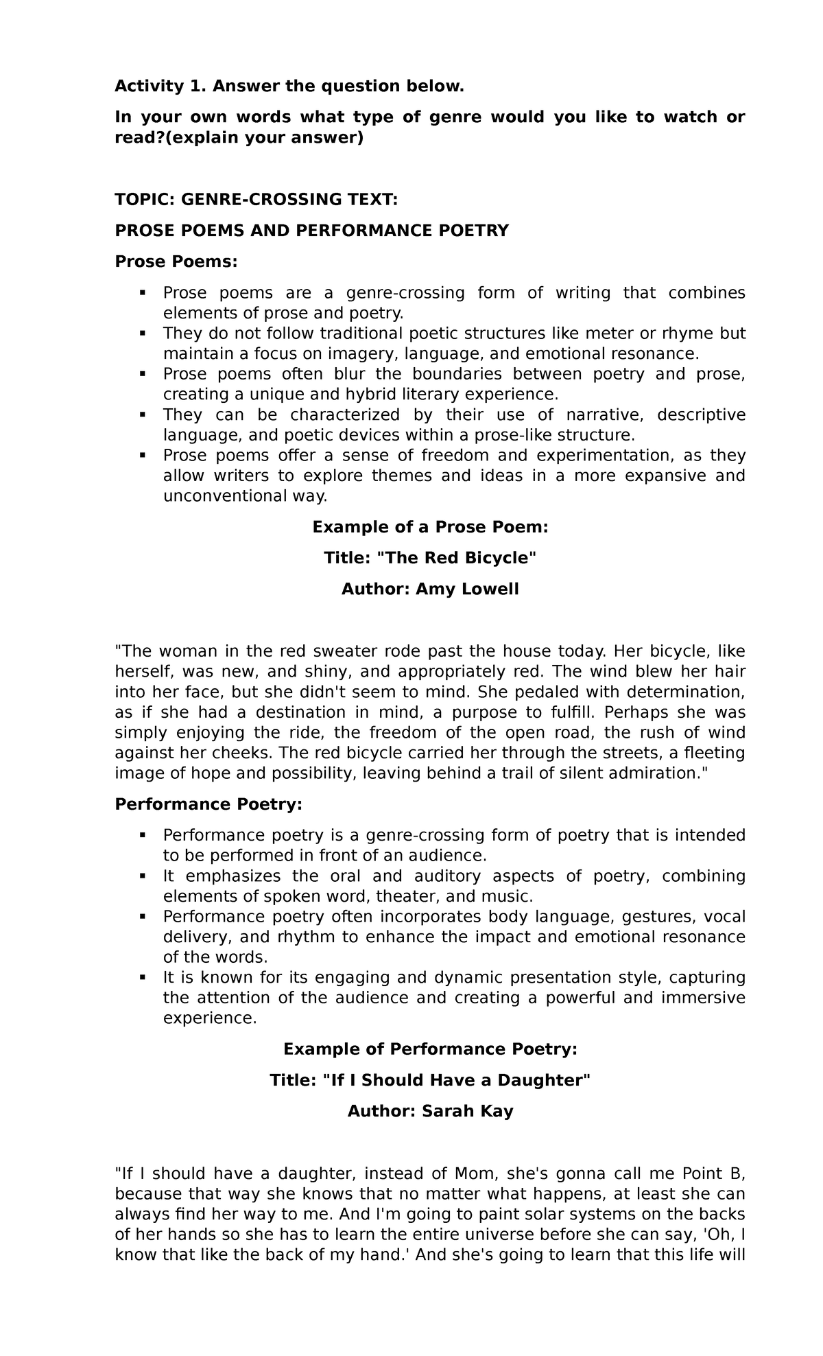 Genre Crossing TEXT Handout - Activity 1. Answer the question below. In ...