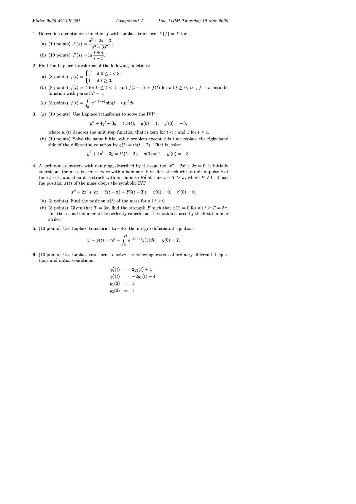 Math201 HW4 - Assignment 4 - MATH 201 Fall 2019 - Math201 - Studocu
