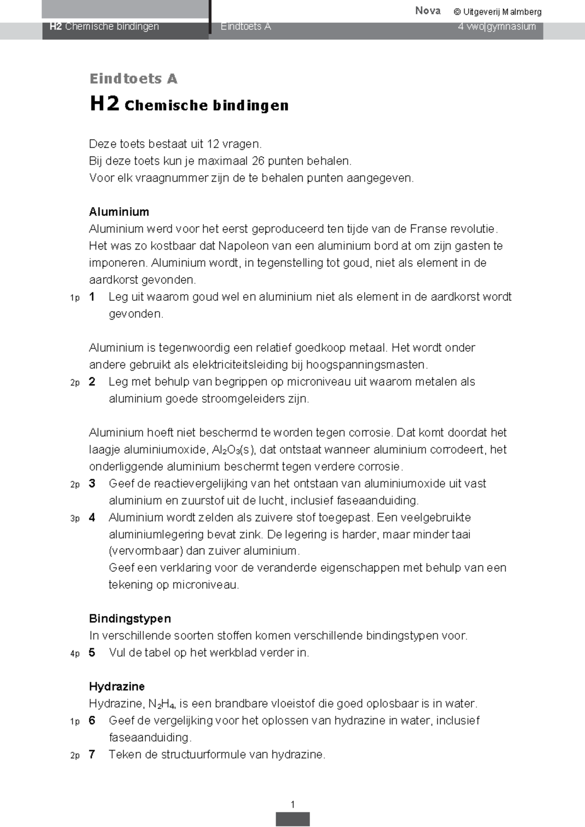 Oefentoets H2 - H2 Chemische bindingen Eindtoets A 4 vwo|gymnasium Nova ...