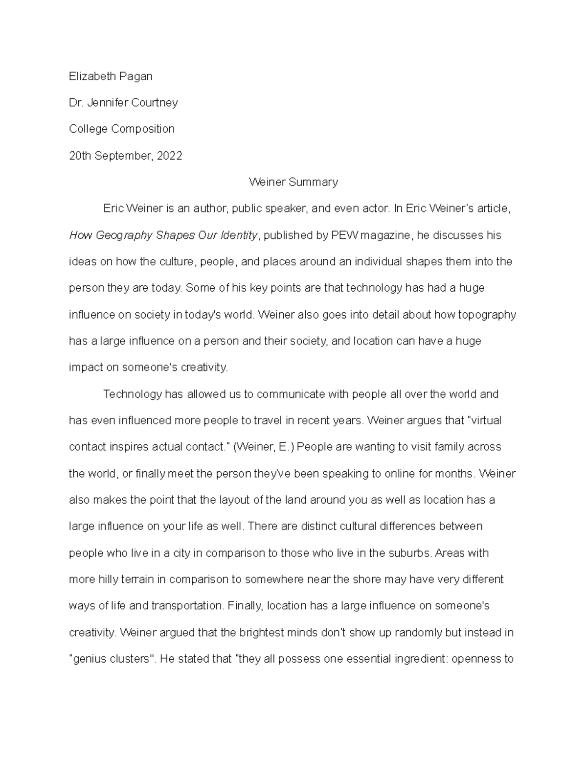 Summaries of Weiner, Springsteen, and Beck - Elizabeth Pagan Dr ...