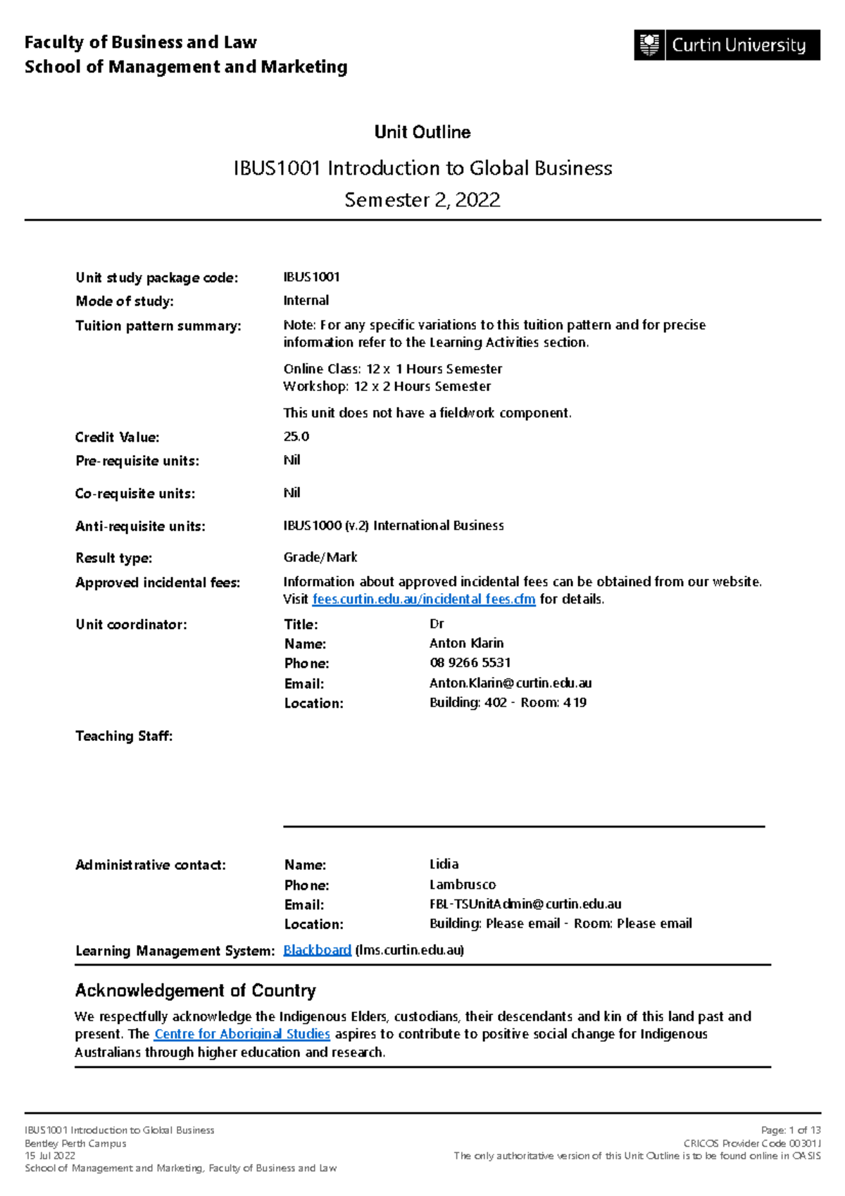 IBUS1001 Introduction to Global Business Semester 2 2022 Bentley Perth ...