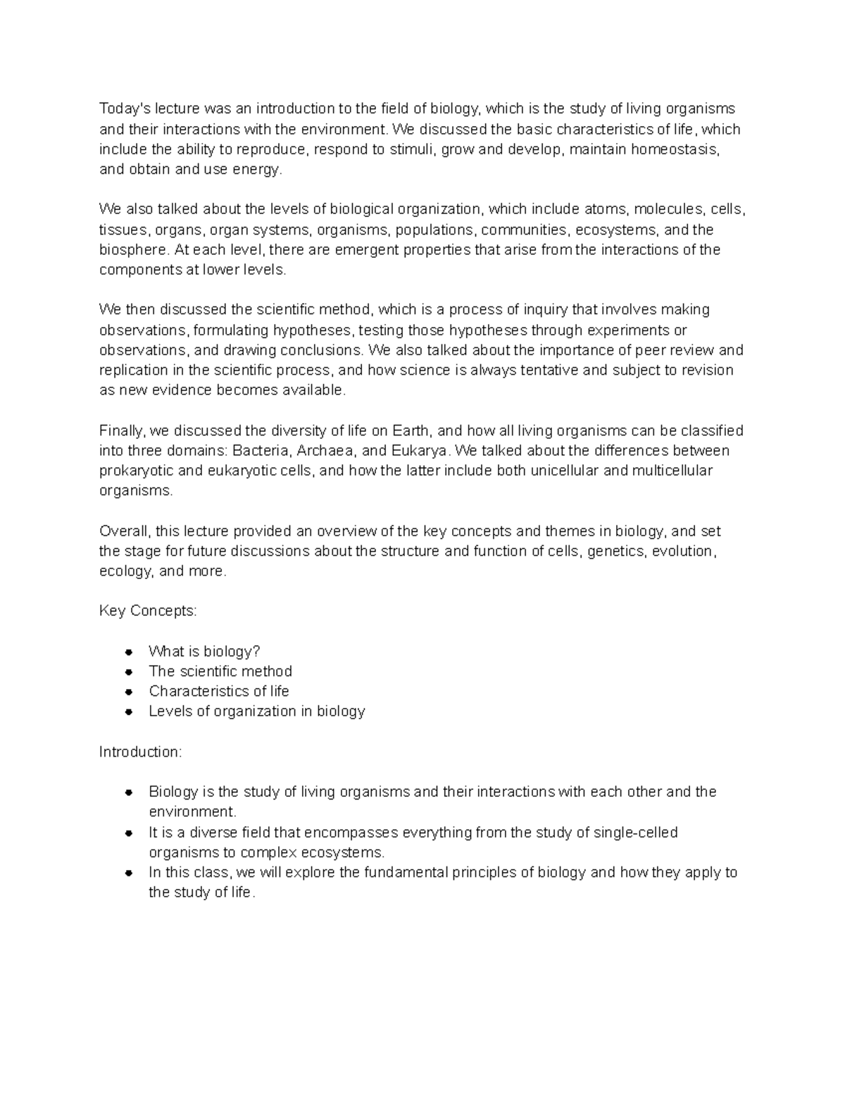 L1 - Principles Of Biology I - Today's lecture was an introduction to ...