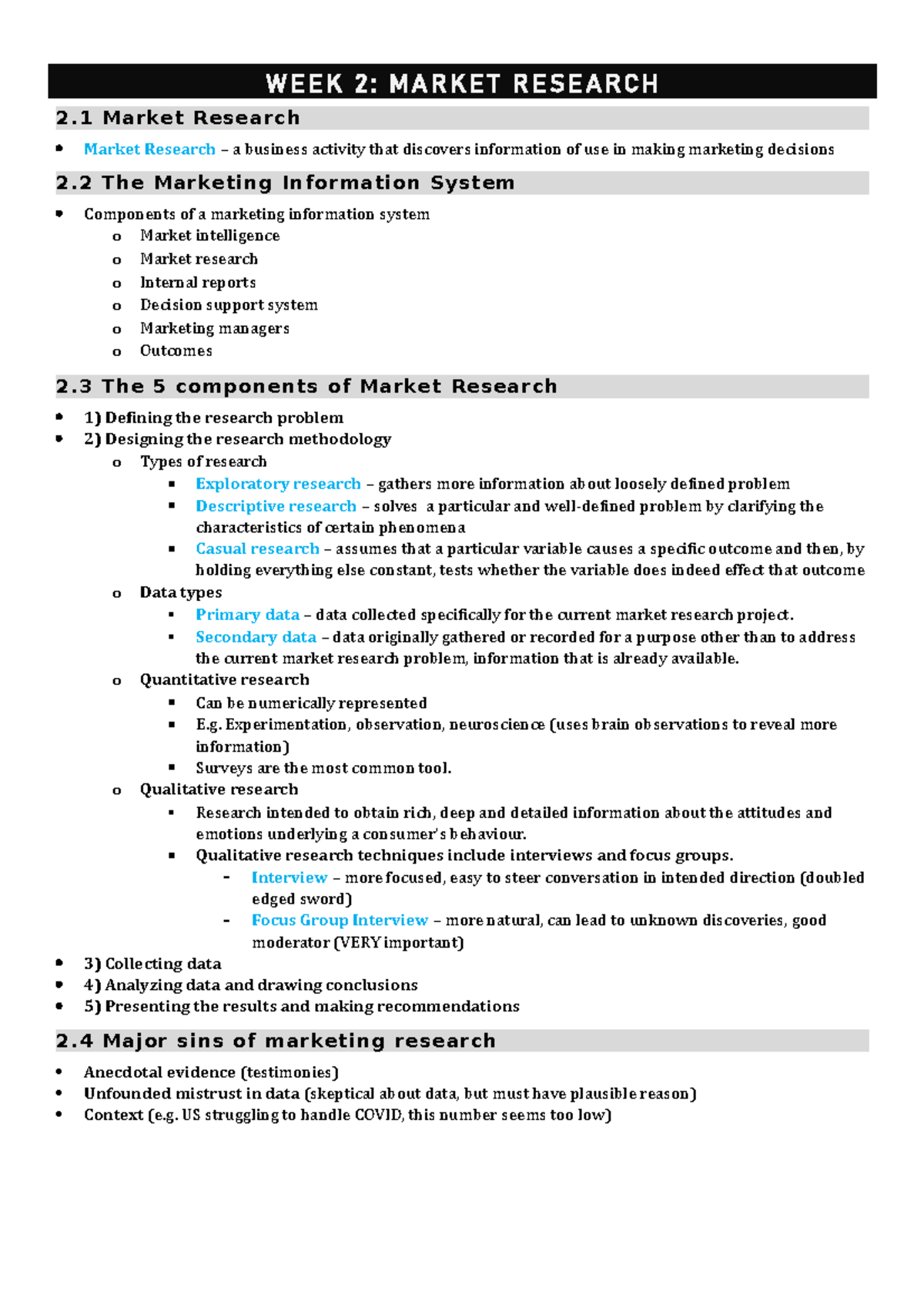 Week 2 Marketing summary - WEEK 2: MARKET RESEARCH 2 Market Research ...