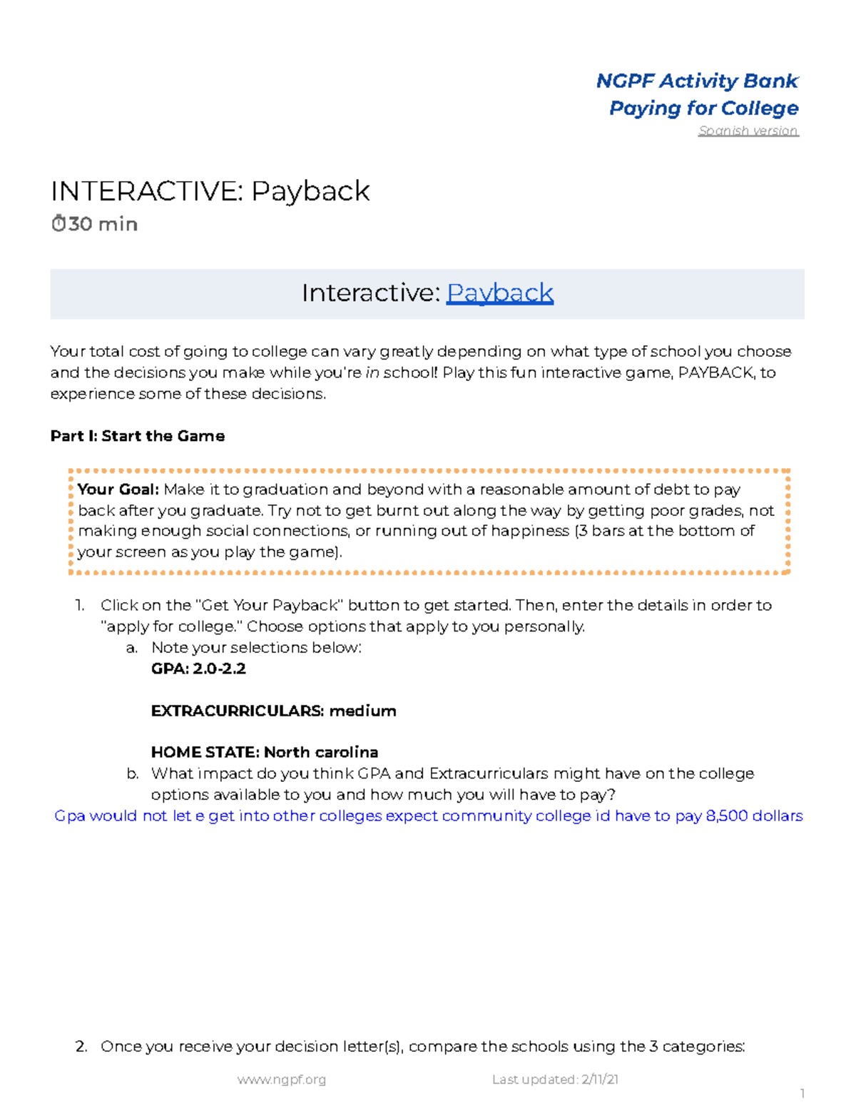 Marco Mitchell - 1 25- Interactive Payback - NGPF Activity Bank Paying for College Spanish ...