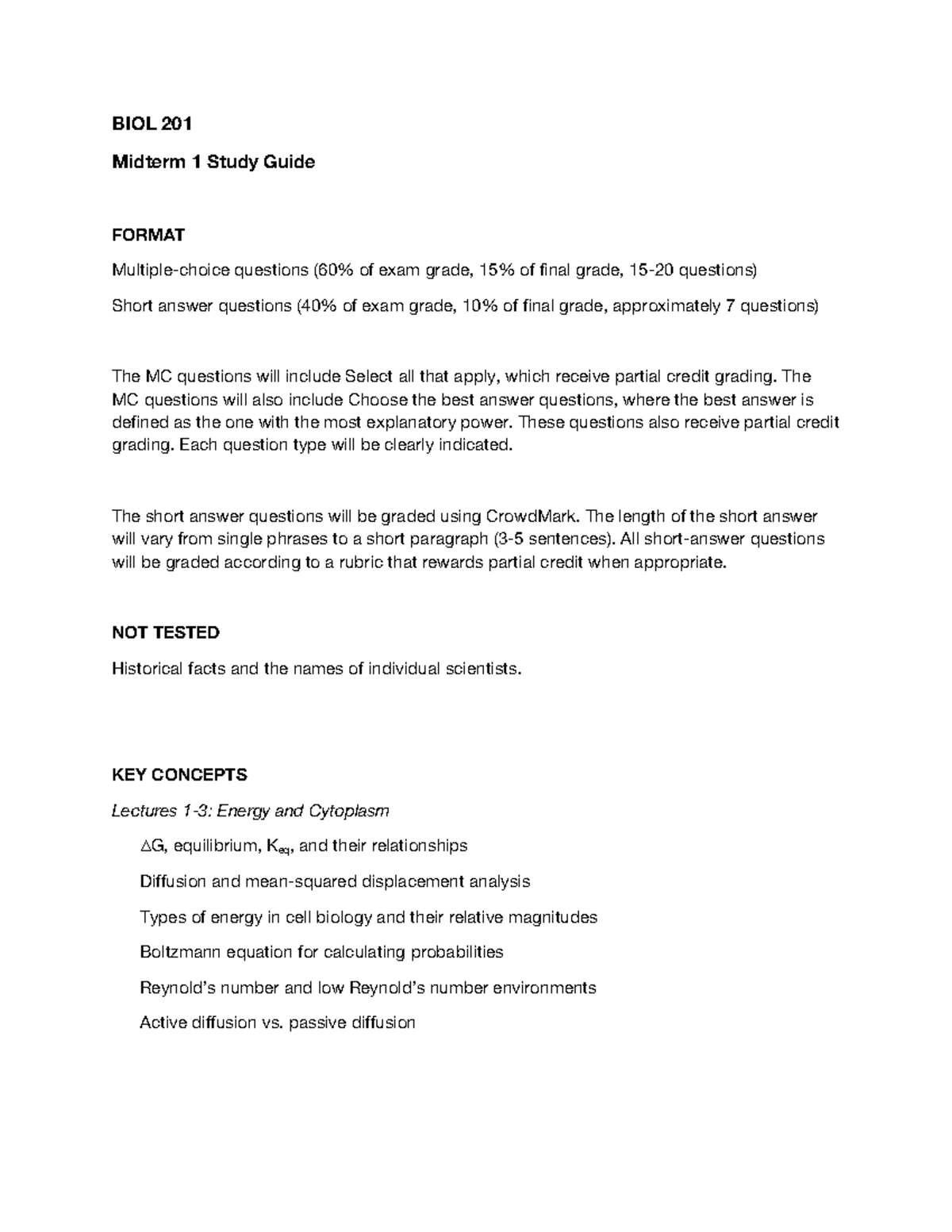 Study Guide Midterm 1 - BIOL 201 Midterm 1 Study Guide FORMAT questions ...