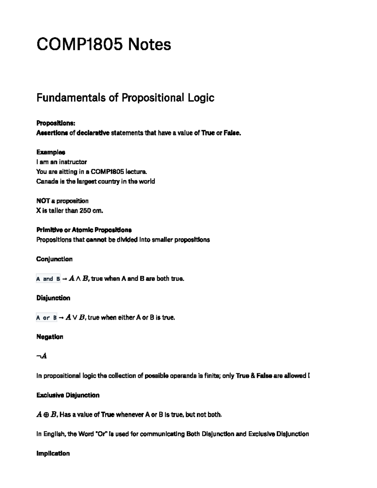 Comp 1805 Notes Summary Discrete Structures I Comp1805 Notes Fundamentals Of Propositional 