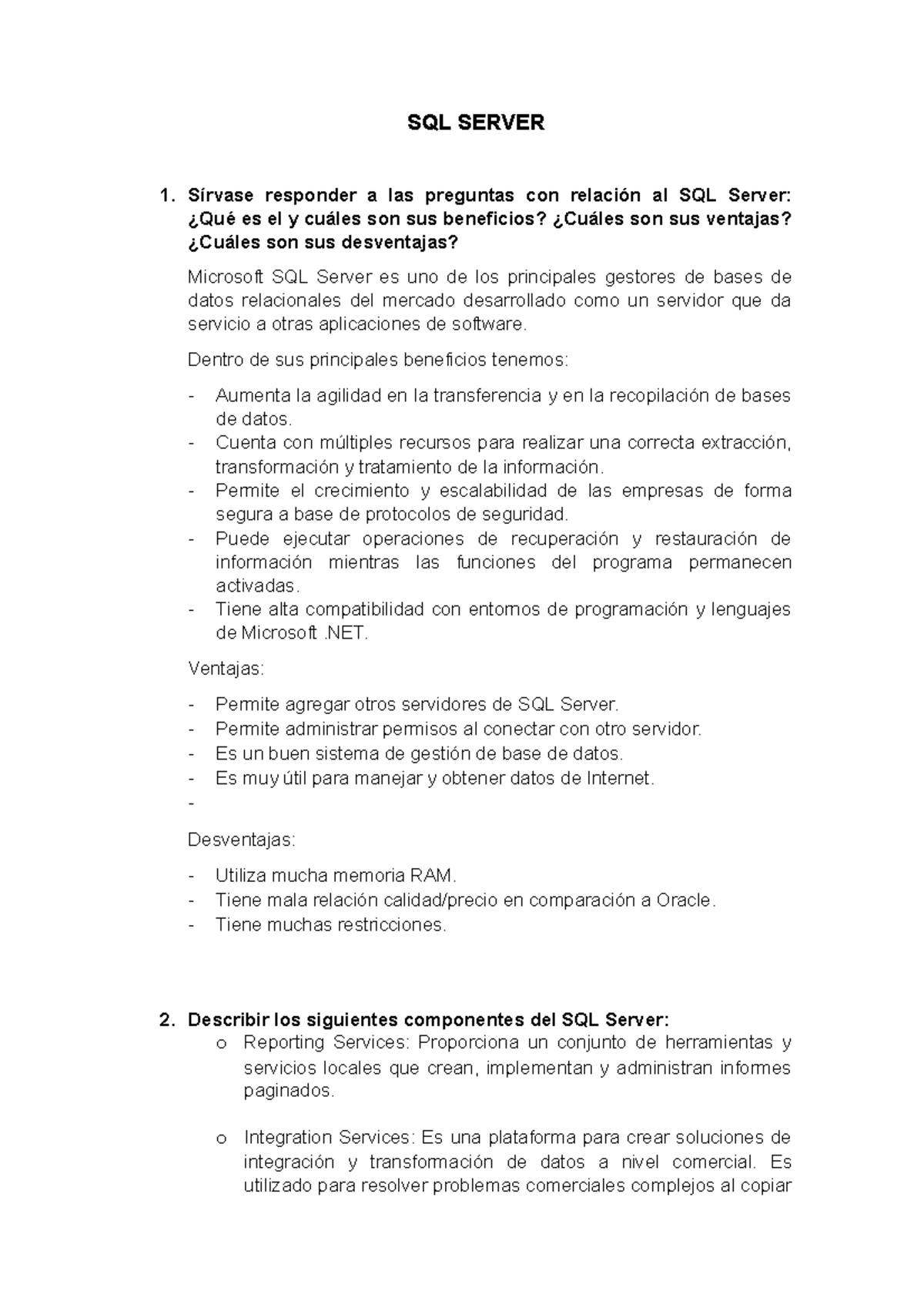 S2 - Tarea SQL Server - SQL SERVER 1. Sírvase responder a las preguntas ...