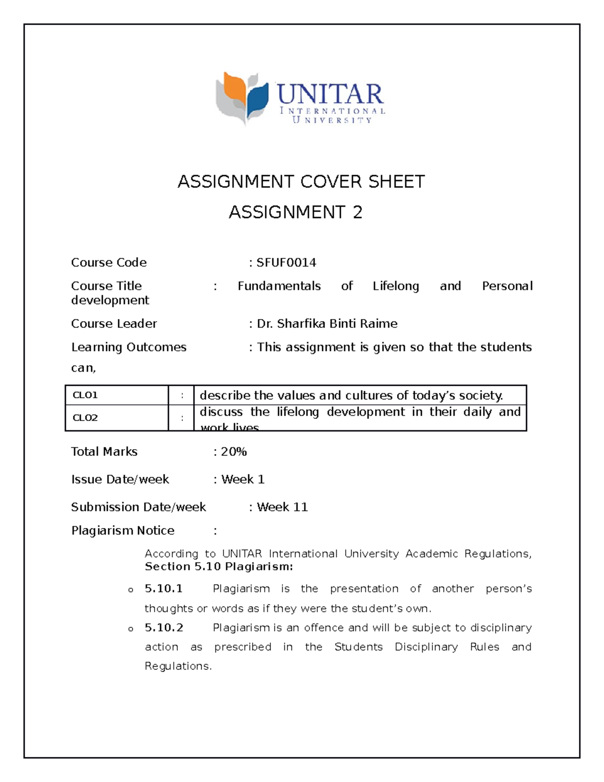 Final Project - Staying Healthy - ASSIGNMENT COVER SHEET ASSIGNMENT 2 ...