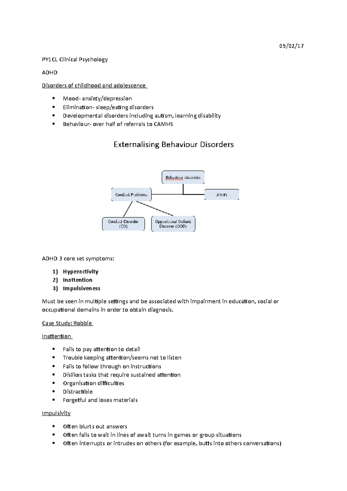Lecture 5 - ADHD - 09/02/17 PY1CL Clinical Psychology ADHD Disorders of ...