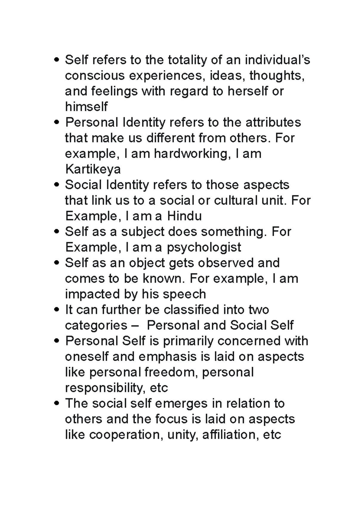 Chapter 2 Self and Personality - Q and A - Self refers to the totality ...