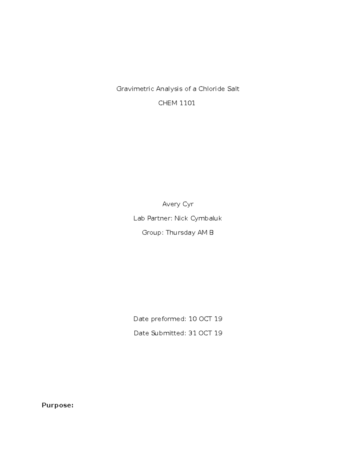 CHEM GAV LAB - Chemistry 1101 Gav formal lab report - Gravimetric ...