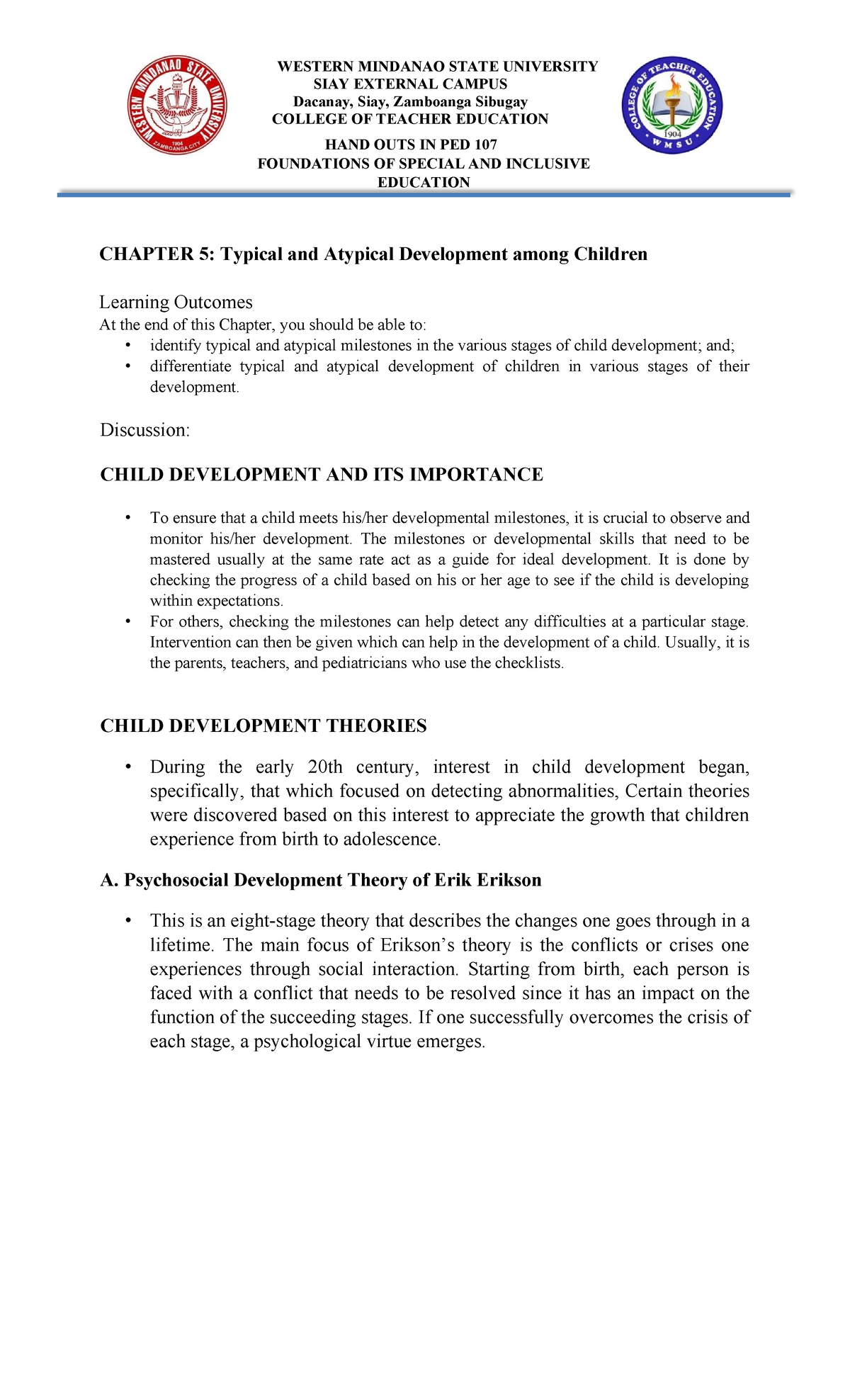 Chapter 5 PED 107 - CHAPTER 5: Typical and Atypical Development among Children Learning Outcomes ...