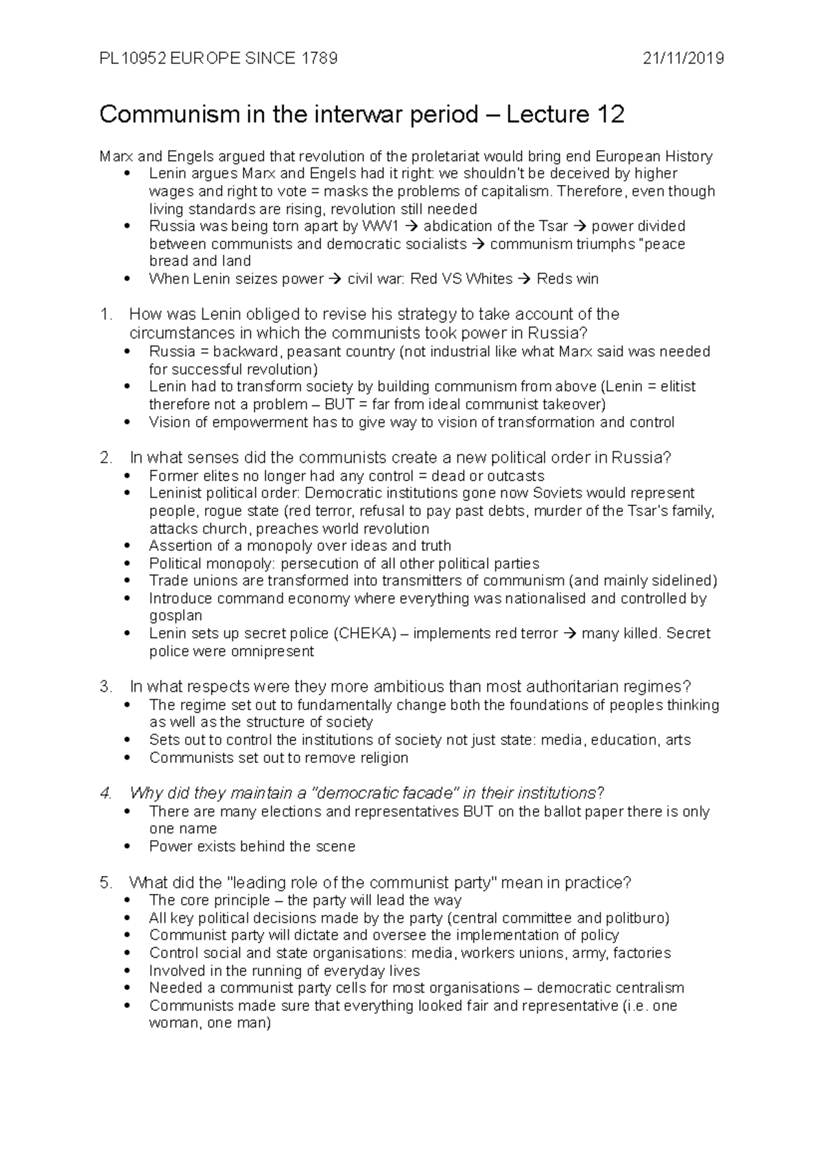 Lecture 12 - Interwar communism - PL10952 EUROPE SINCE 1789 21/11 ...