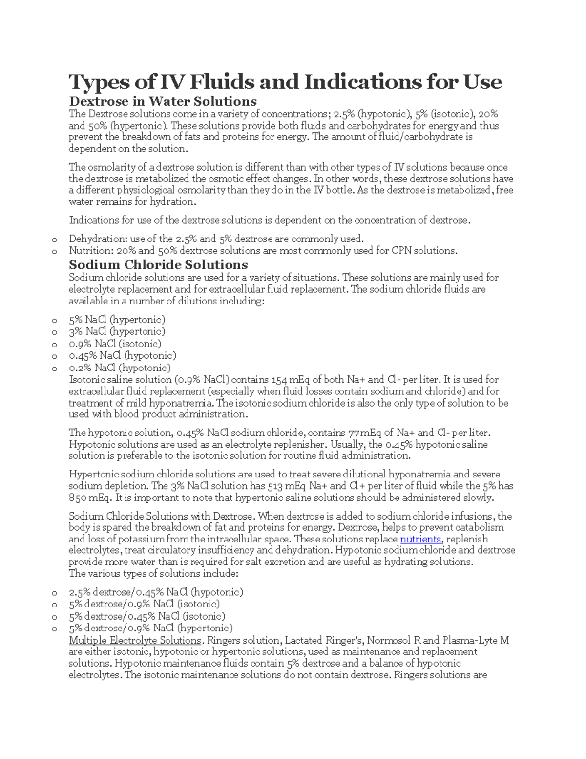 Types of Hypo, iso, Hyper fluids and uses - Types of IV Fluids and ...