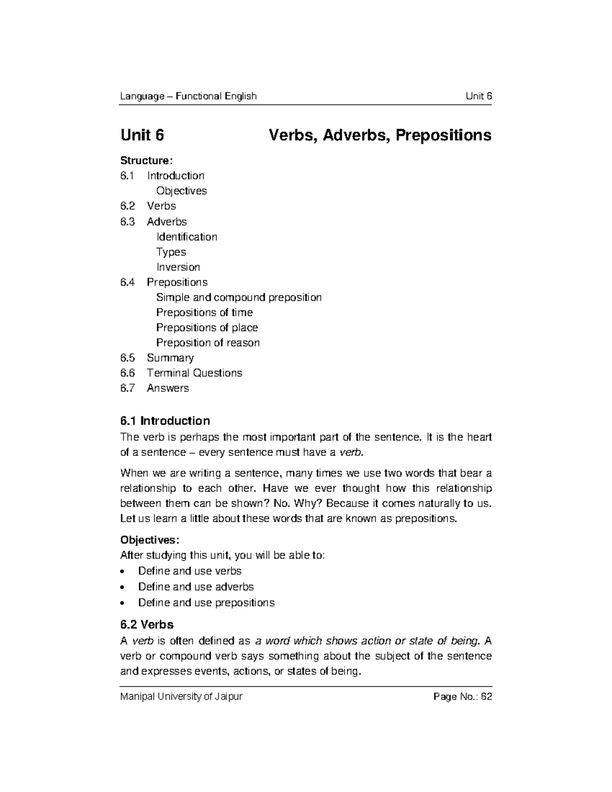 Unit 6-Verbs, Adverbs, Prepositions - Unit 6 Verbs, Adverbs ...